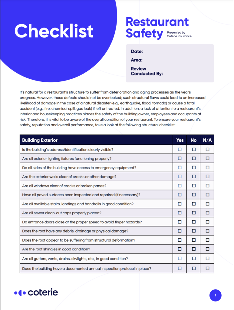 Restaurant Safety Checklist - Coterie Insurance